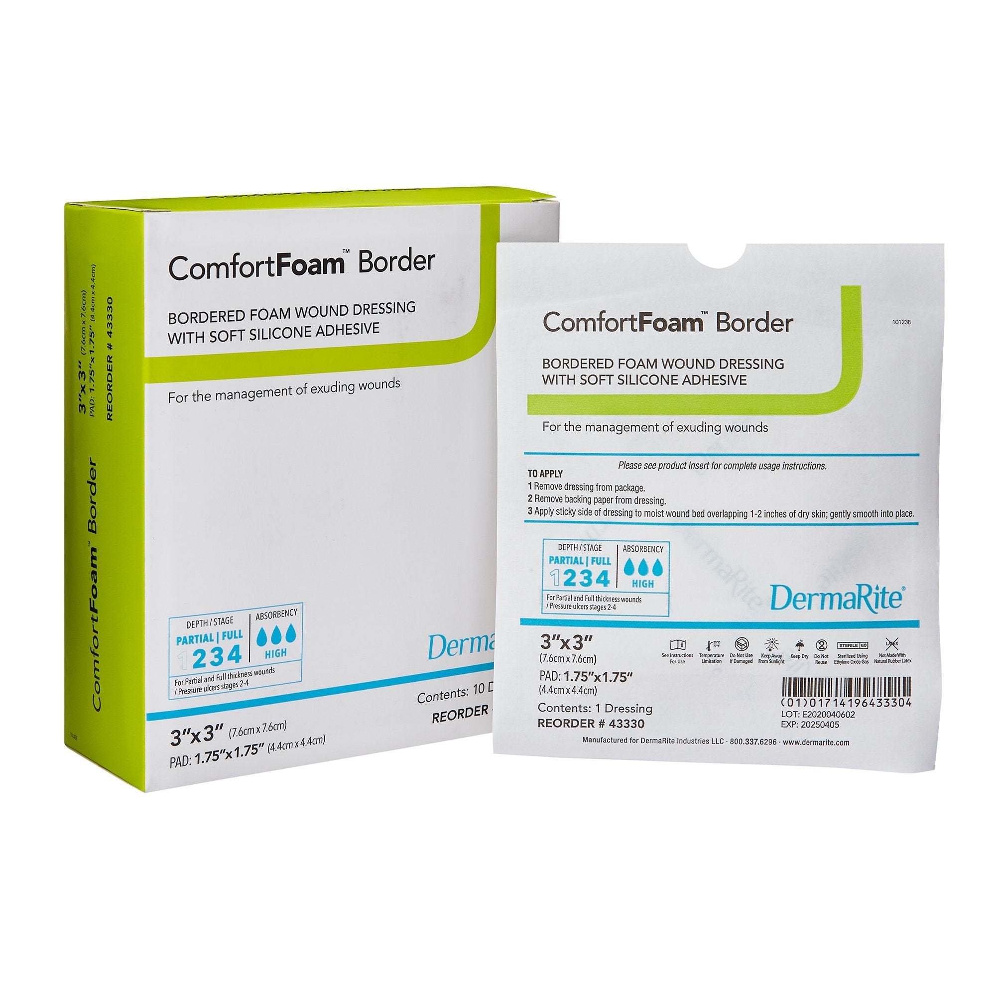 DermaRite Industries Foam Dressing ComfortFoam™ Border 3 X 3 Inch With ...